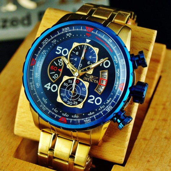 Invicta | Accessories | Sale Mens Aviator Ocean Blue Dial 8k Gold ...
